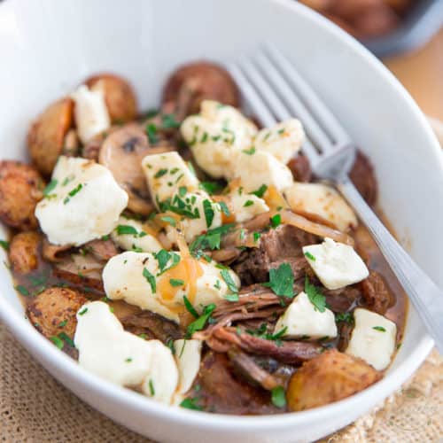 Hearty Braised Beef Poutine with sauteed mushrooms and caramelized ...